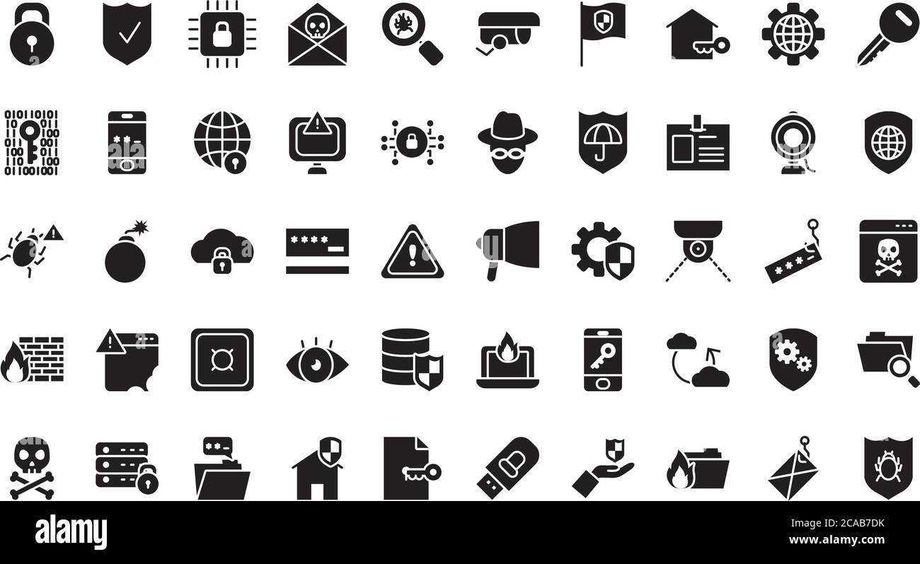 cyber security icon set over white background, silhouette style, vector ...