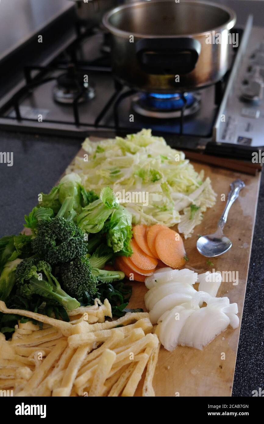 Cooking japanese vegetables broth with freshly harvested local ...