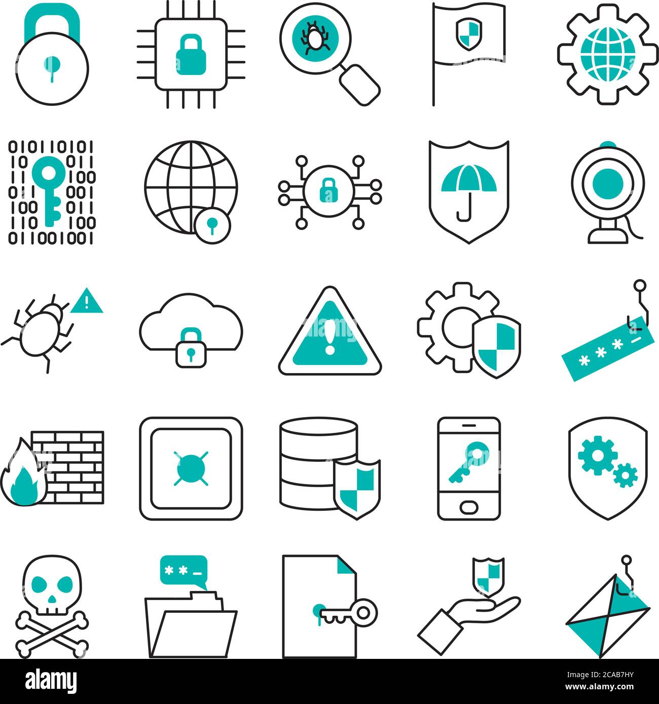 warning sign and cyber security icon set over white background, half ...