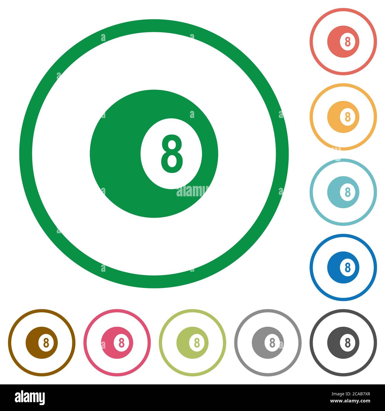 Black eight billiard ball flat color icons in round outlines on white ...