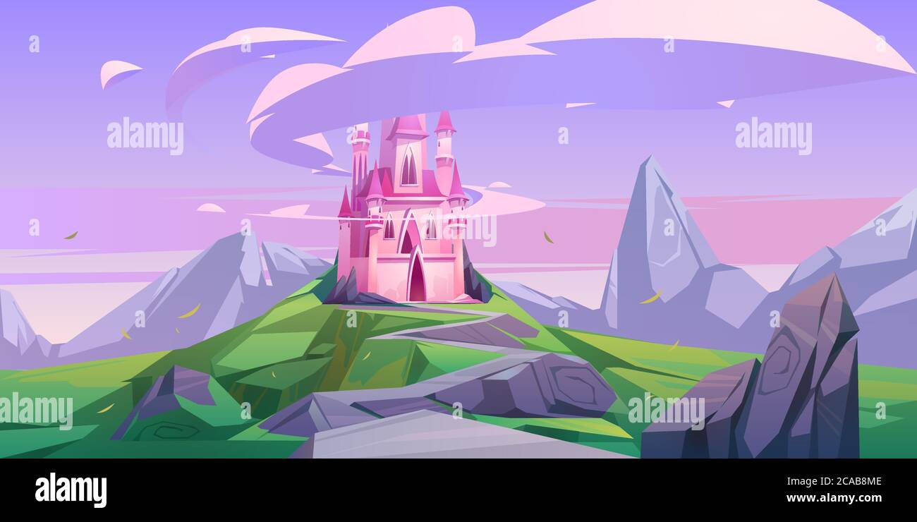 Pink magic castle, princess or fairy palace with turrets on mountain ...