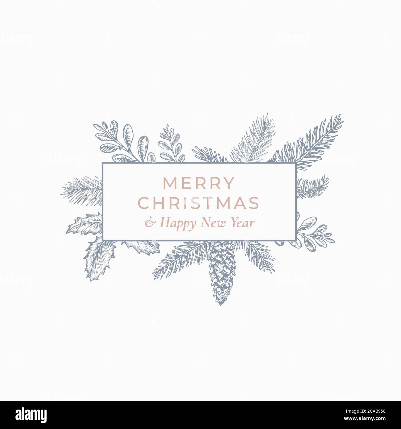 Merry Christmas Abstract Botanical Card with Rectangle Frame Banner and ...