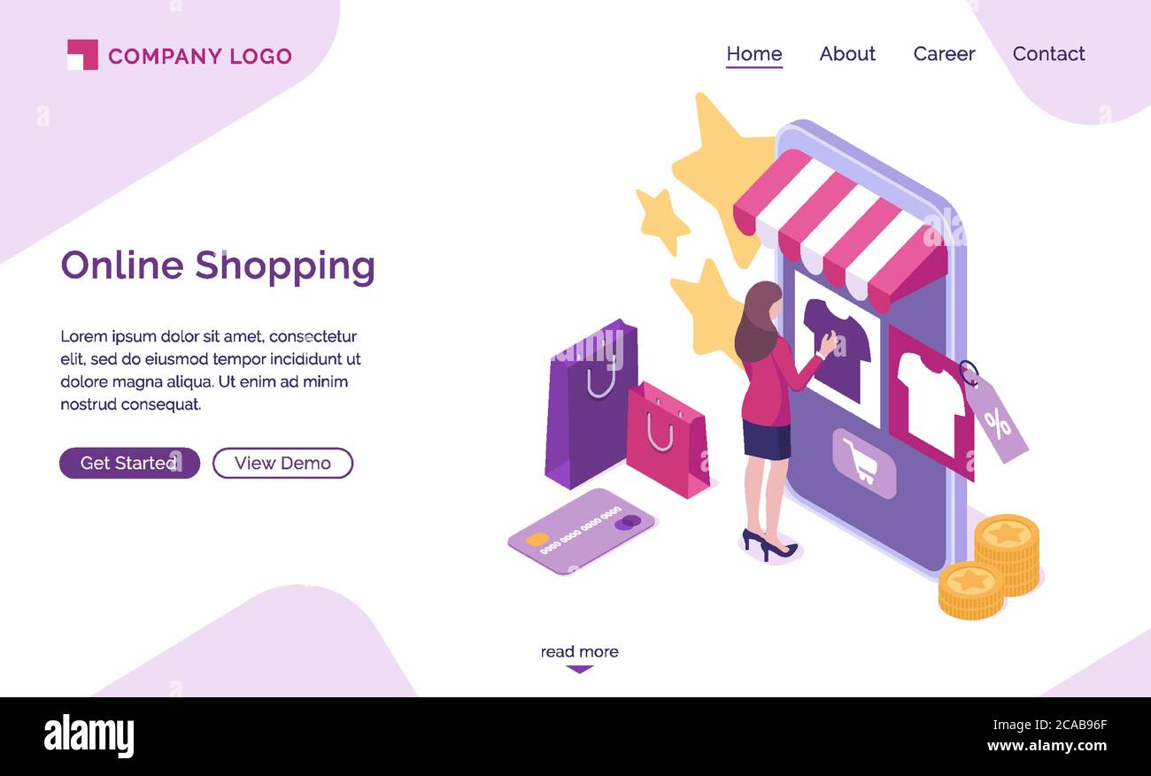 Online shopping isometric landing page, customer purchasing in digital ...