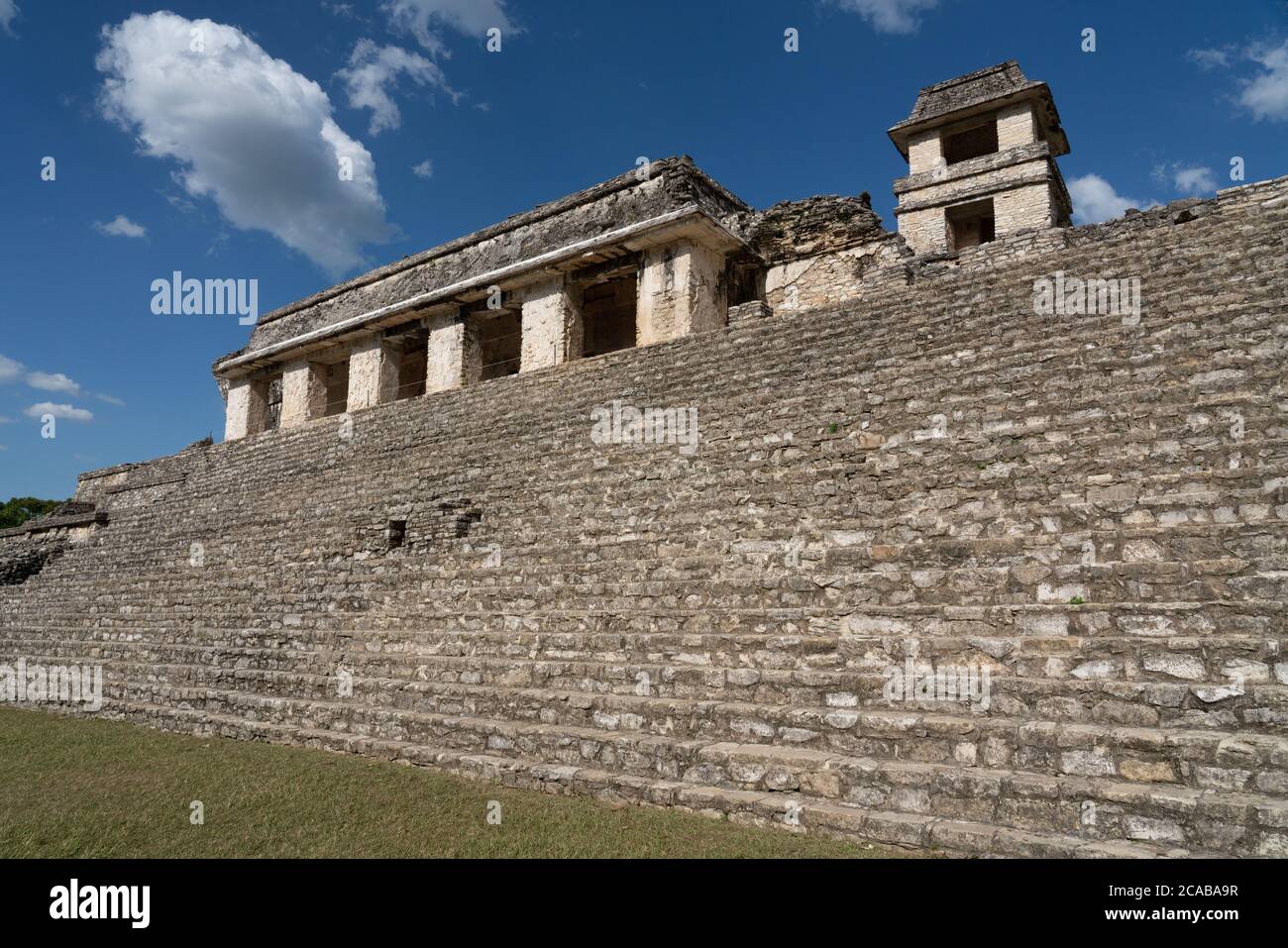 The Palace with its tower in the ruins of the Mayan city of Palenque ...