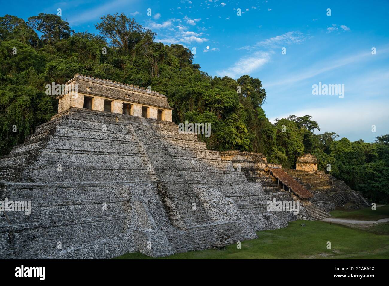First light on the Temple of the Inscriptions with the moon in the ...