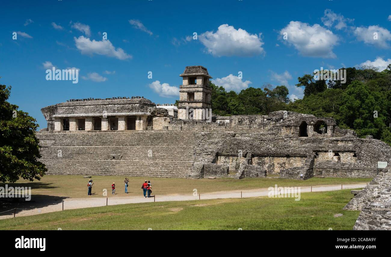 The Palace with its tower in the ruins of the Mayan city of Palenque ...