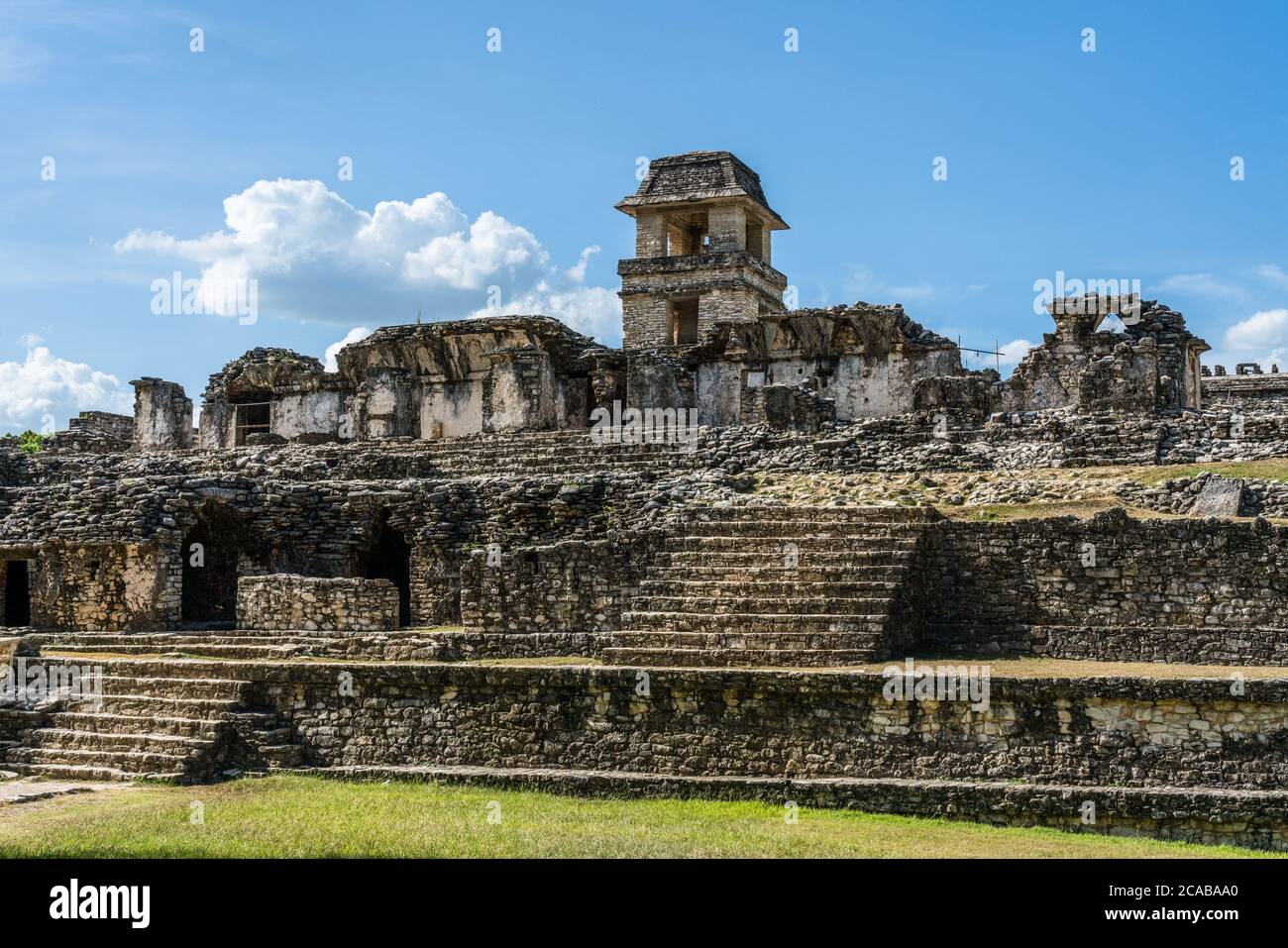 The Palace with its tower in the ruins of the Mayan city of Palenque ...