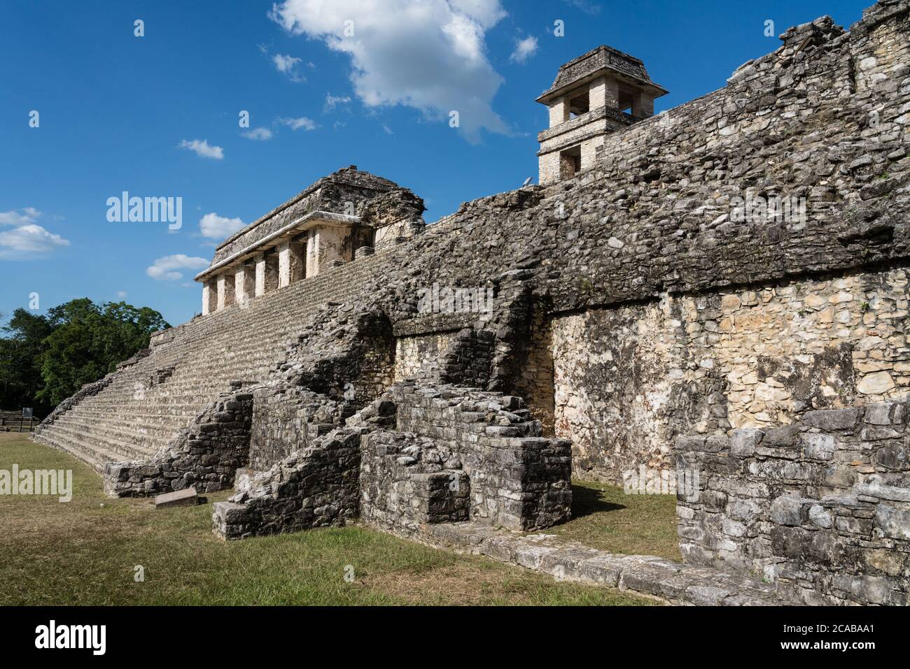 The Palace with its tower in the ruins of the Mayan city of Palenque ...