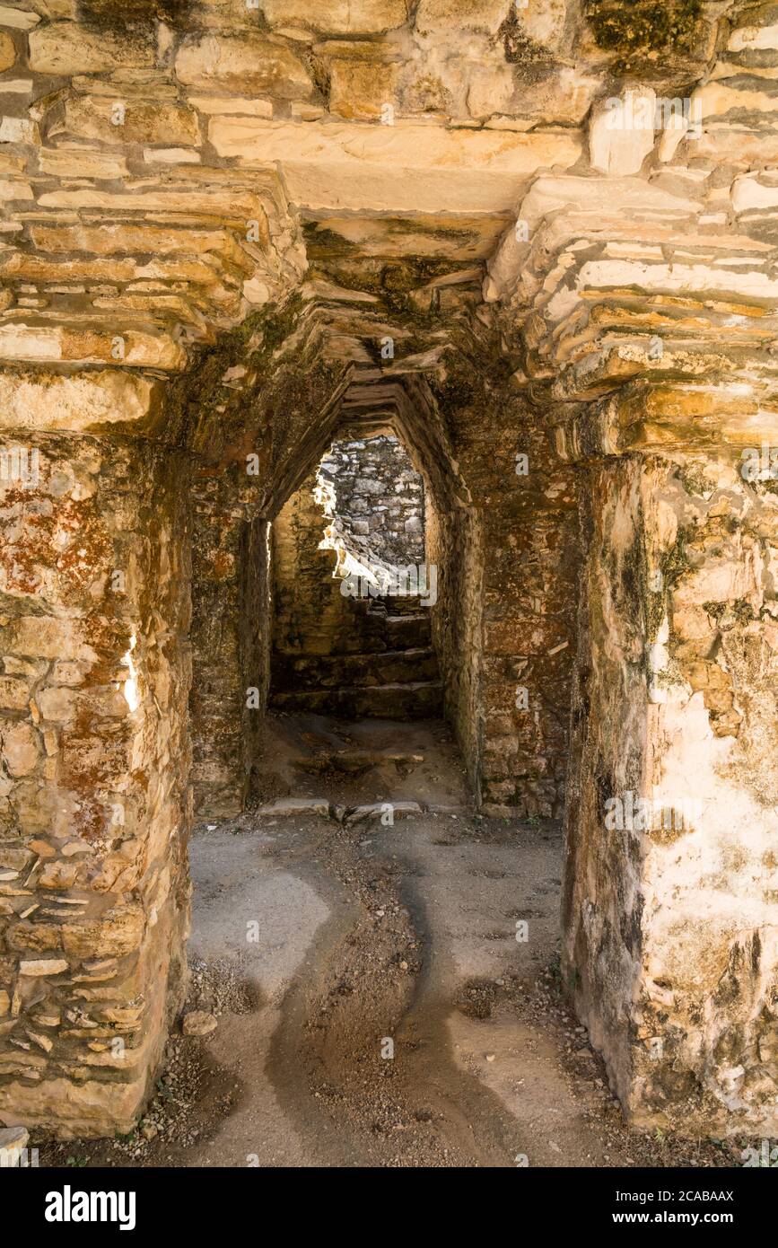 An interior hallway in the ruins of the Palace in the Mayan city of ...