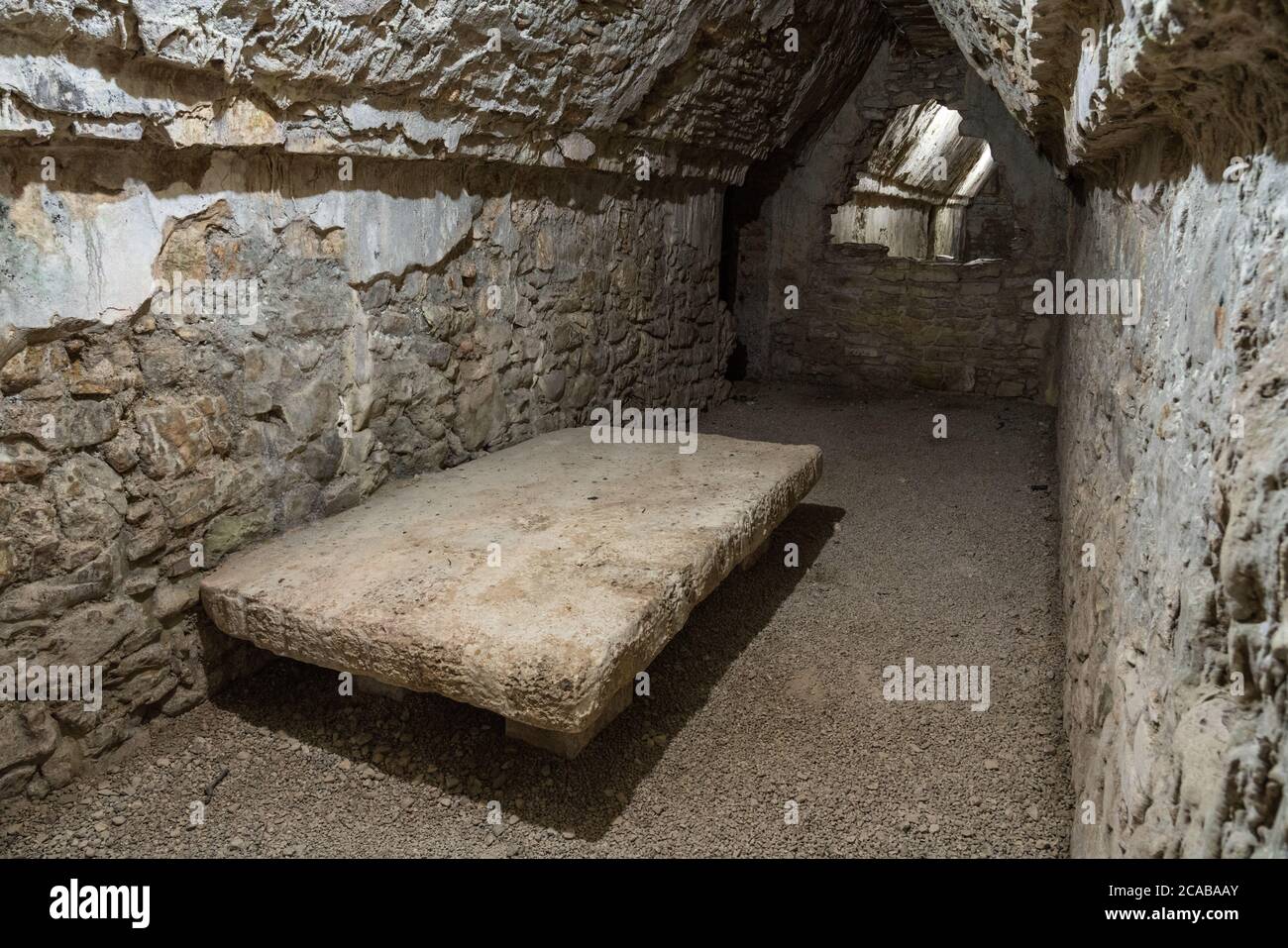 A stone bed in the Palace in the ruins of the Mayan city of Palenque ...