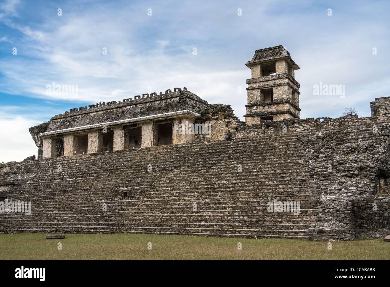 The Palace with its tower in the ruins of the Mayan city of Palenque ...