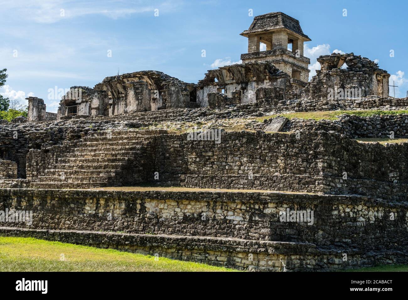 The Palace with its tower in the ruins of the Mayan city of Palenque ...