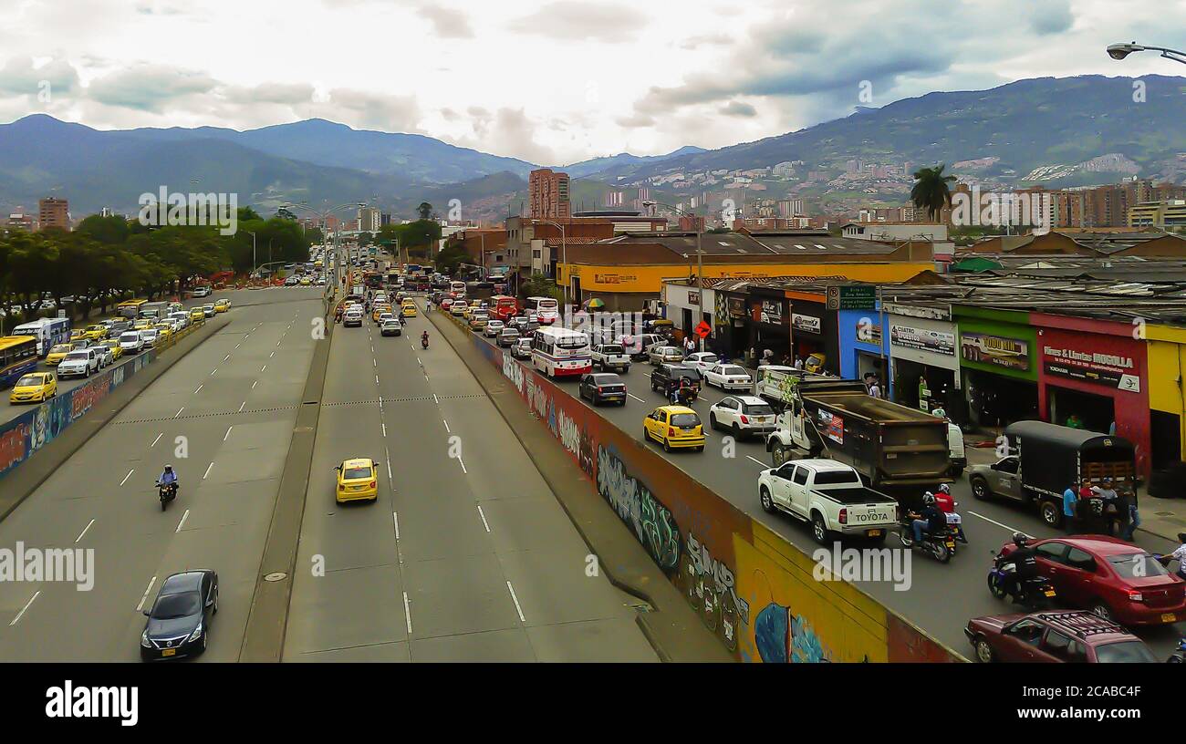 BOGOTA, COLOMBIA - Apr 11, 2020: Bogota cityscape view, traffic jam ...