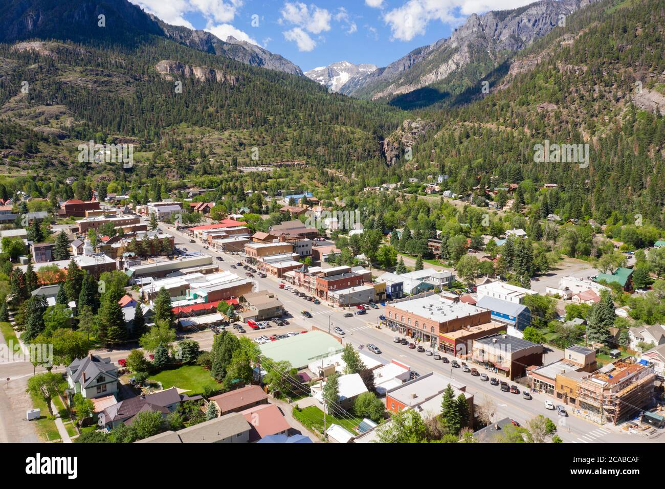 Aerial view above the San Juan Mountains town of Ouray, Colorado Stock ...