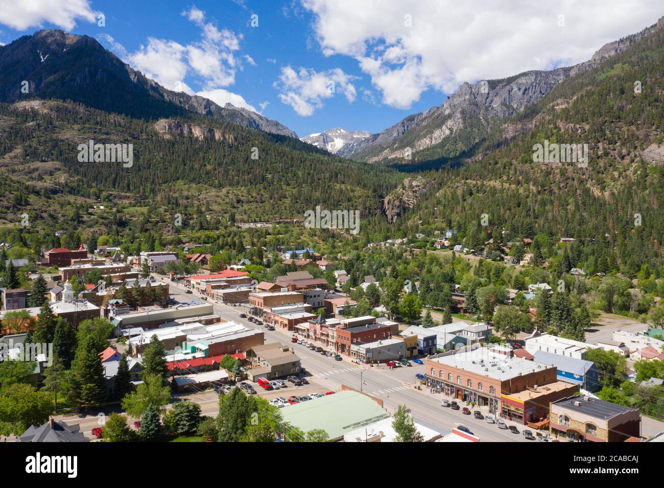 Aerial view above the San Juan Mountains town of Ouray, Colorado Stock ...