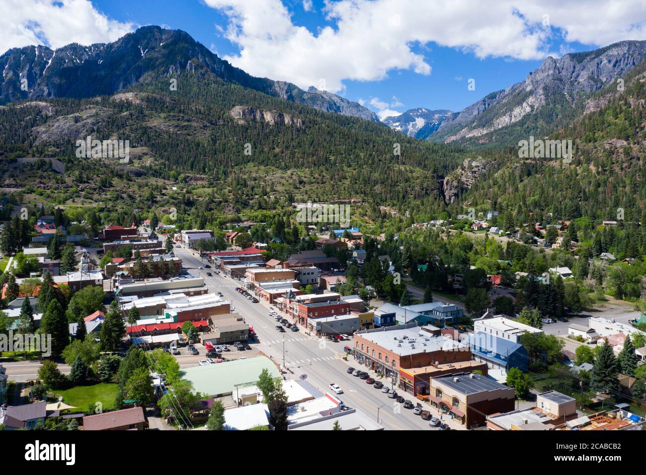 Aerial view above the San Juan Mountains town of Ouray, Colorado Stock ...