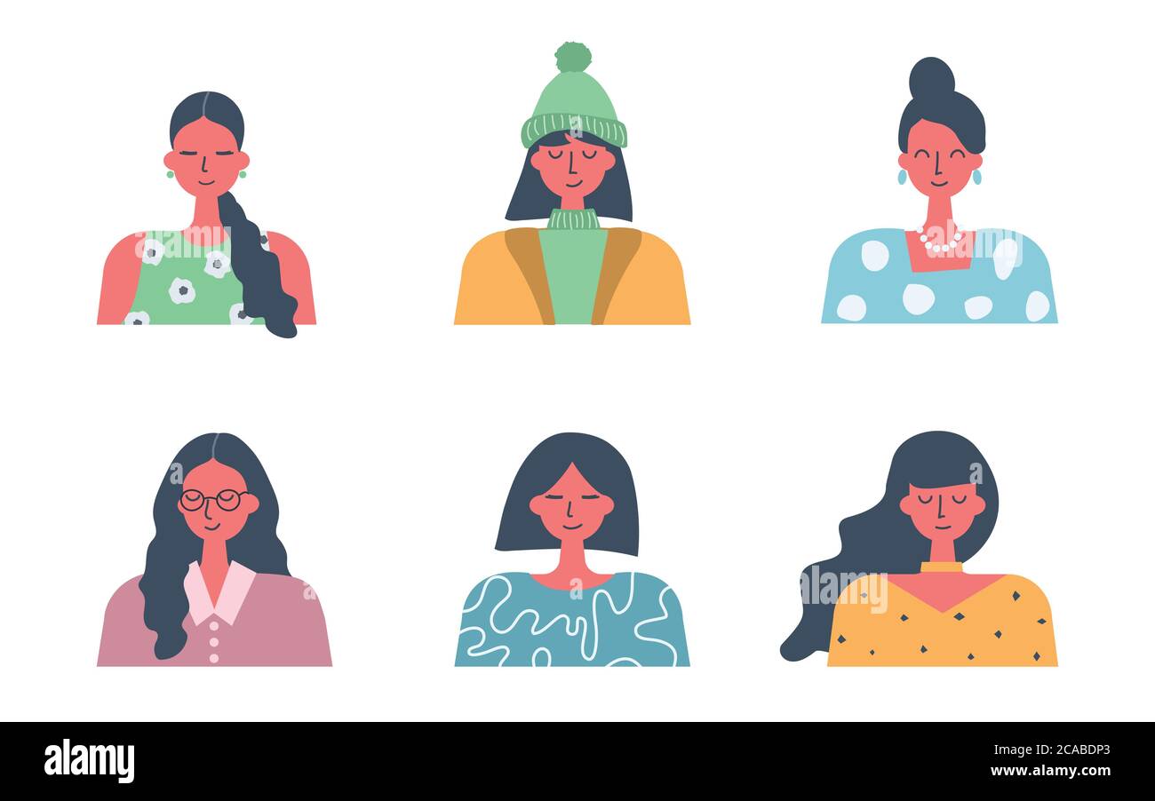 People icons. Six different portraits of women in flat design ...