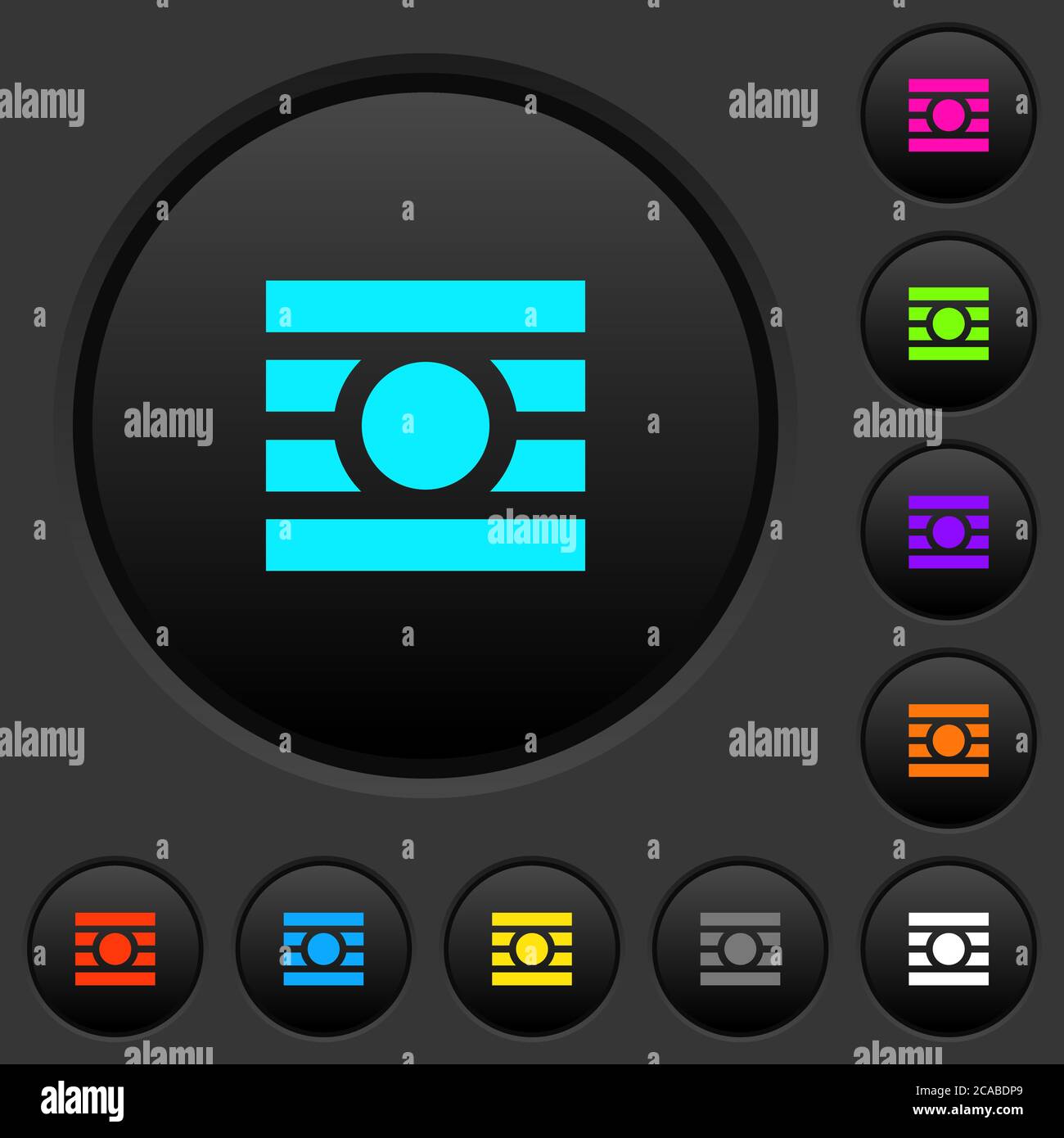 Text wrap around objects dark push buttons with vivid color icons on ...