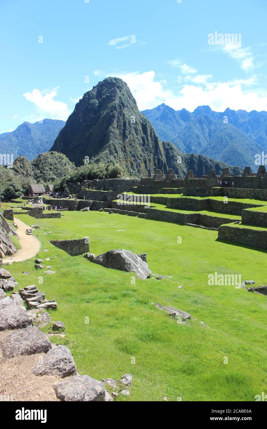 Vertical shot of the view in the historical place of Machu Picchu Stock ...