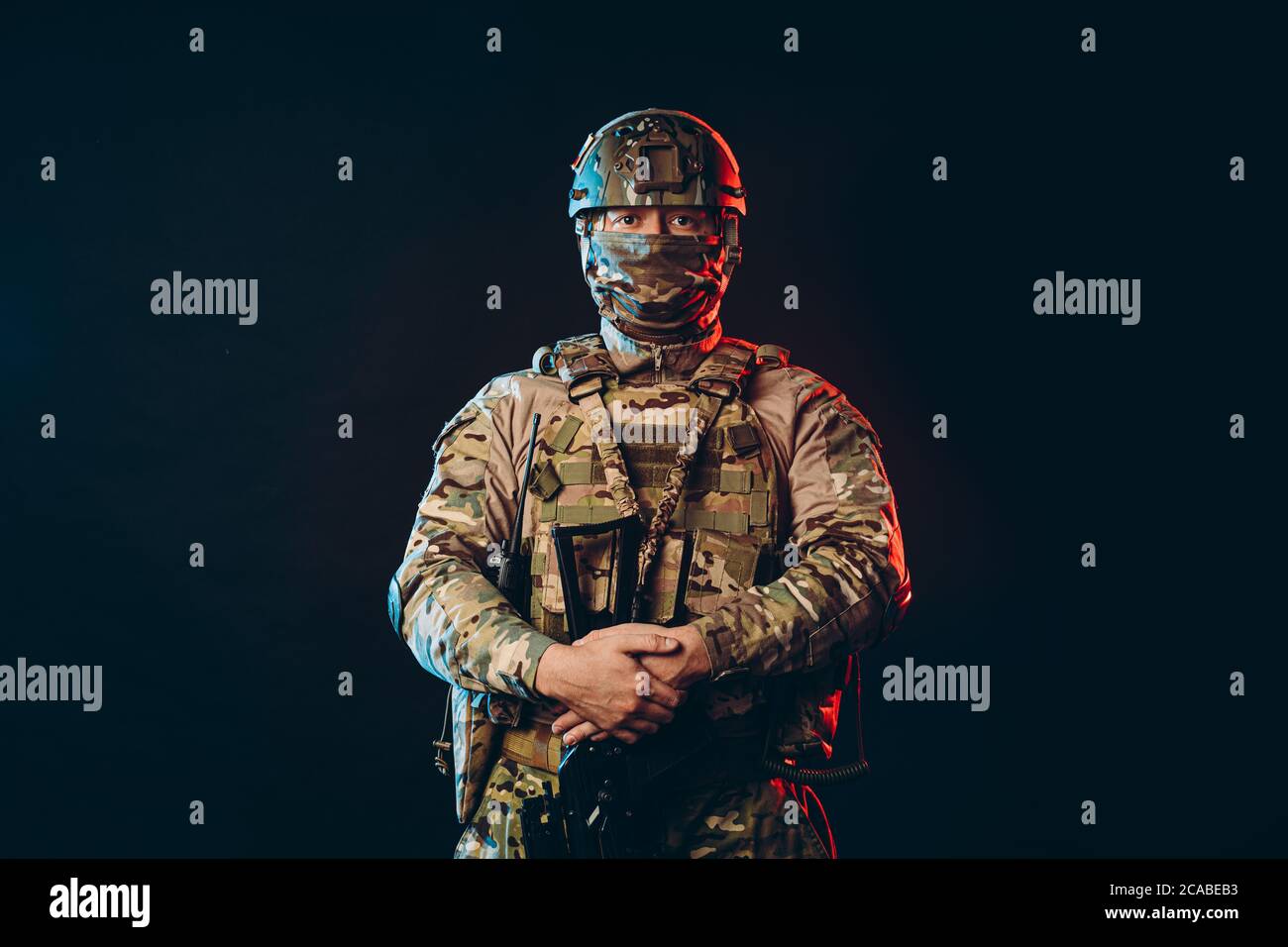 portrait of serious confident brave soldier in army wear, camouflage ...