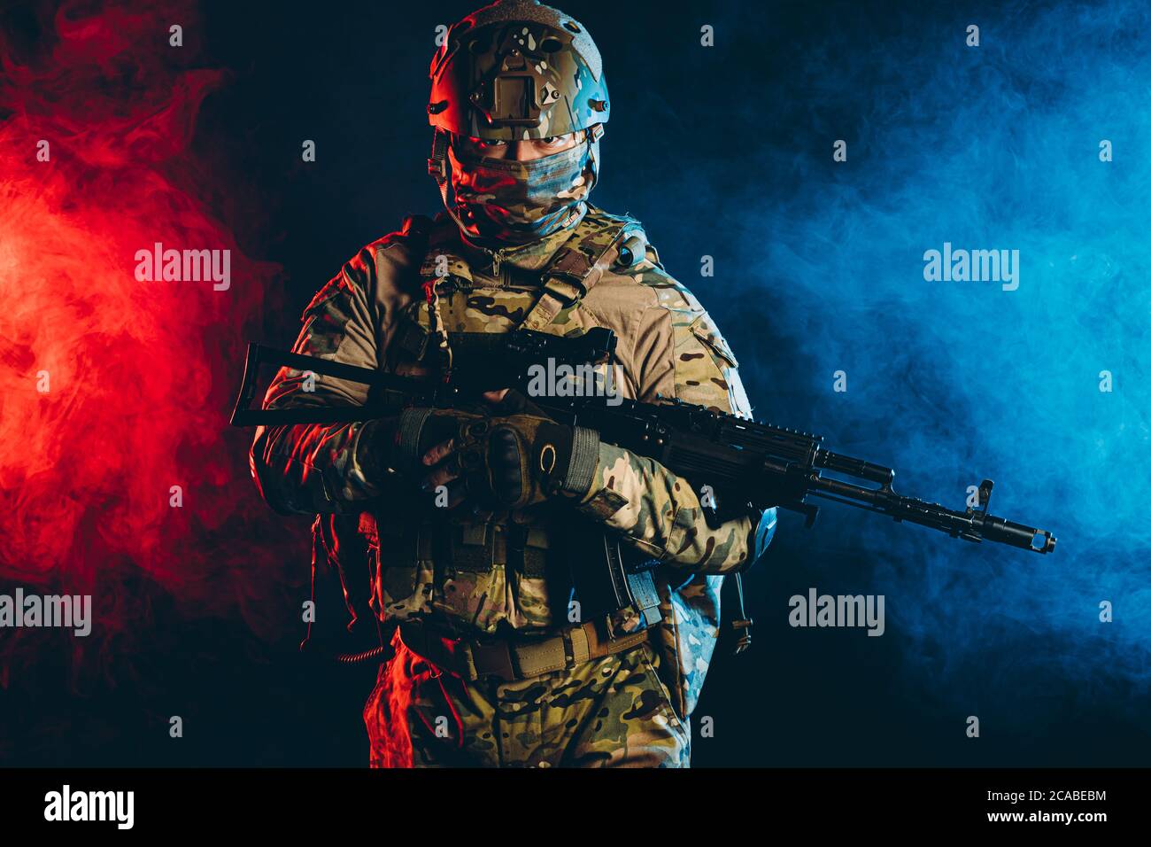 powerful and strong military man in military forces wear and helmet ...