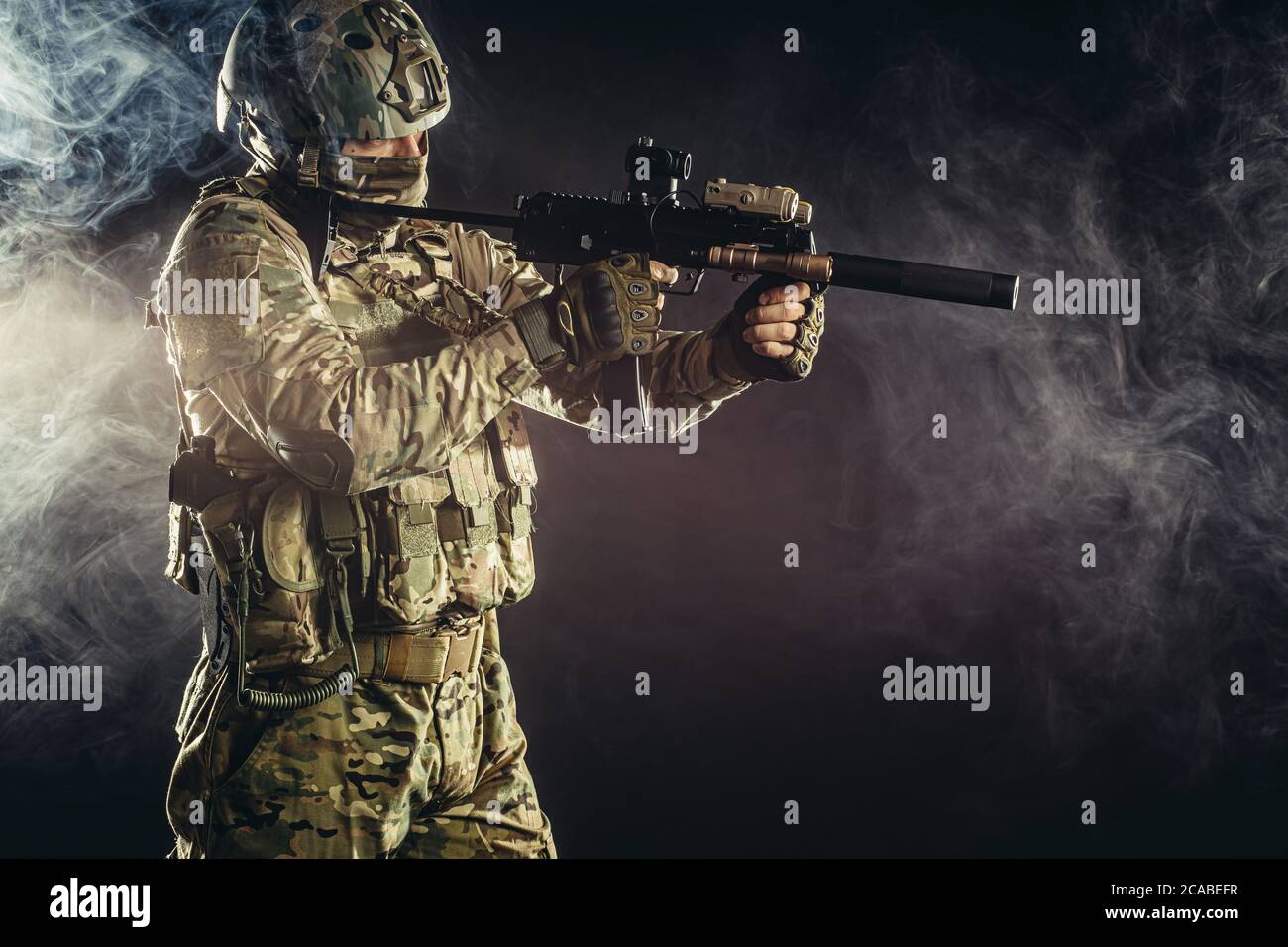 russian military man in special green uniform camouflage have strong ...