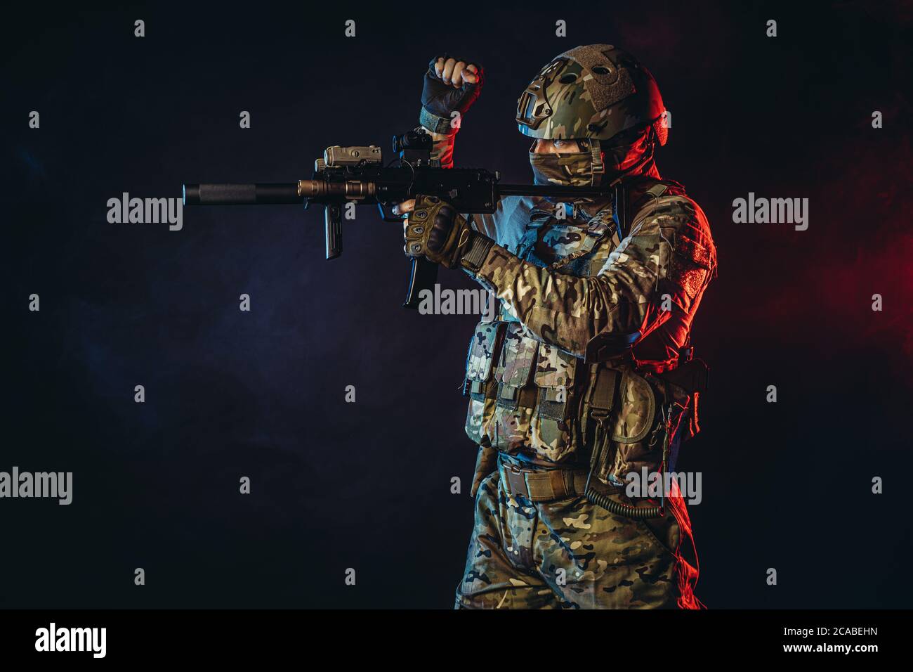 powerful and strong military man in military forces wear and helmet ...