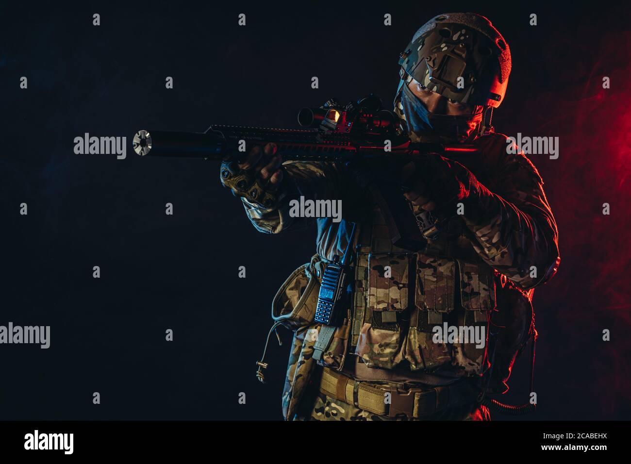 powerful and strong military man in military forces wear and helmet ...