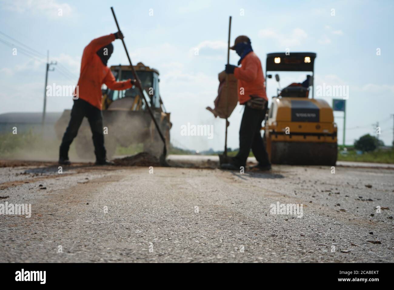 Repairing a damaged road For people to use the car to travel safely ...