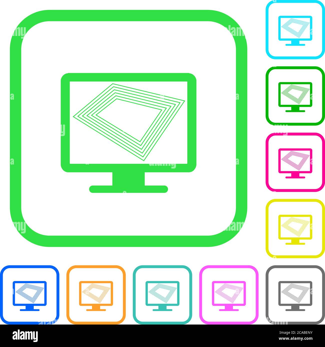 Screen saver on monitor vivid colored flat icons in curved borders on ...