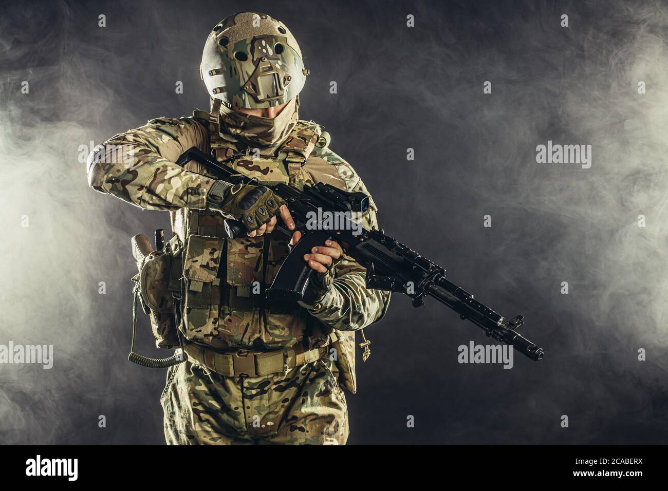 military, army, soldiers concept. brave young soldier prepare to attack ...