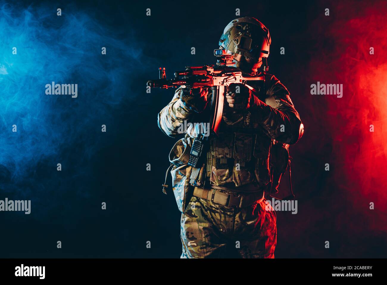 powerful and strong military man in military forces wear and helmet ...