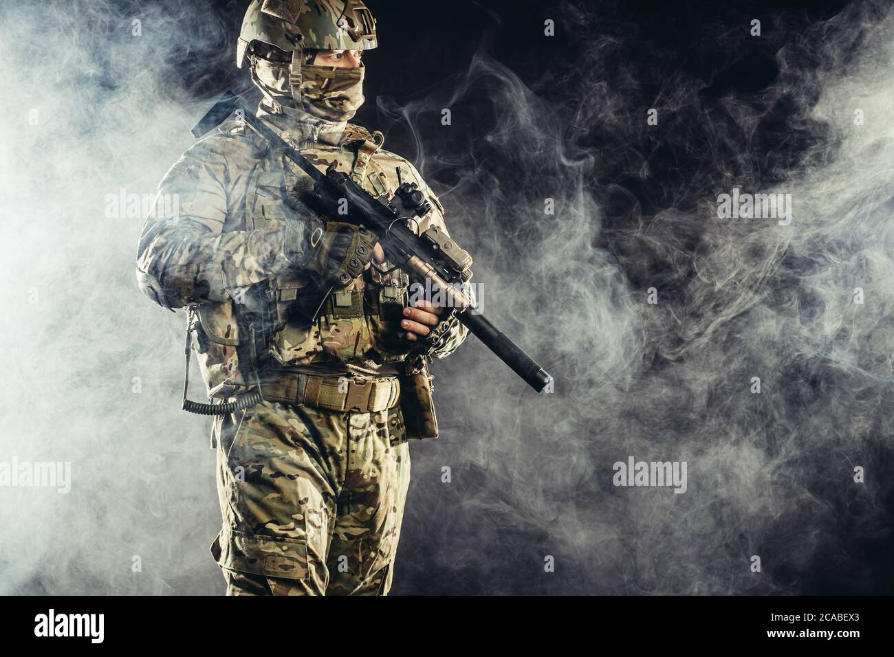 military, army, soldiers concept. brave young soldier prepare to attack ...