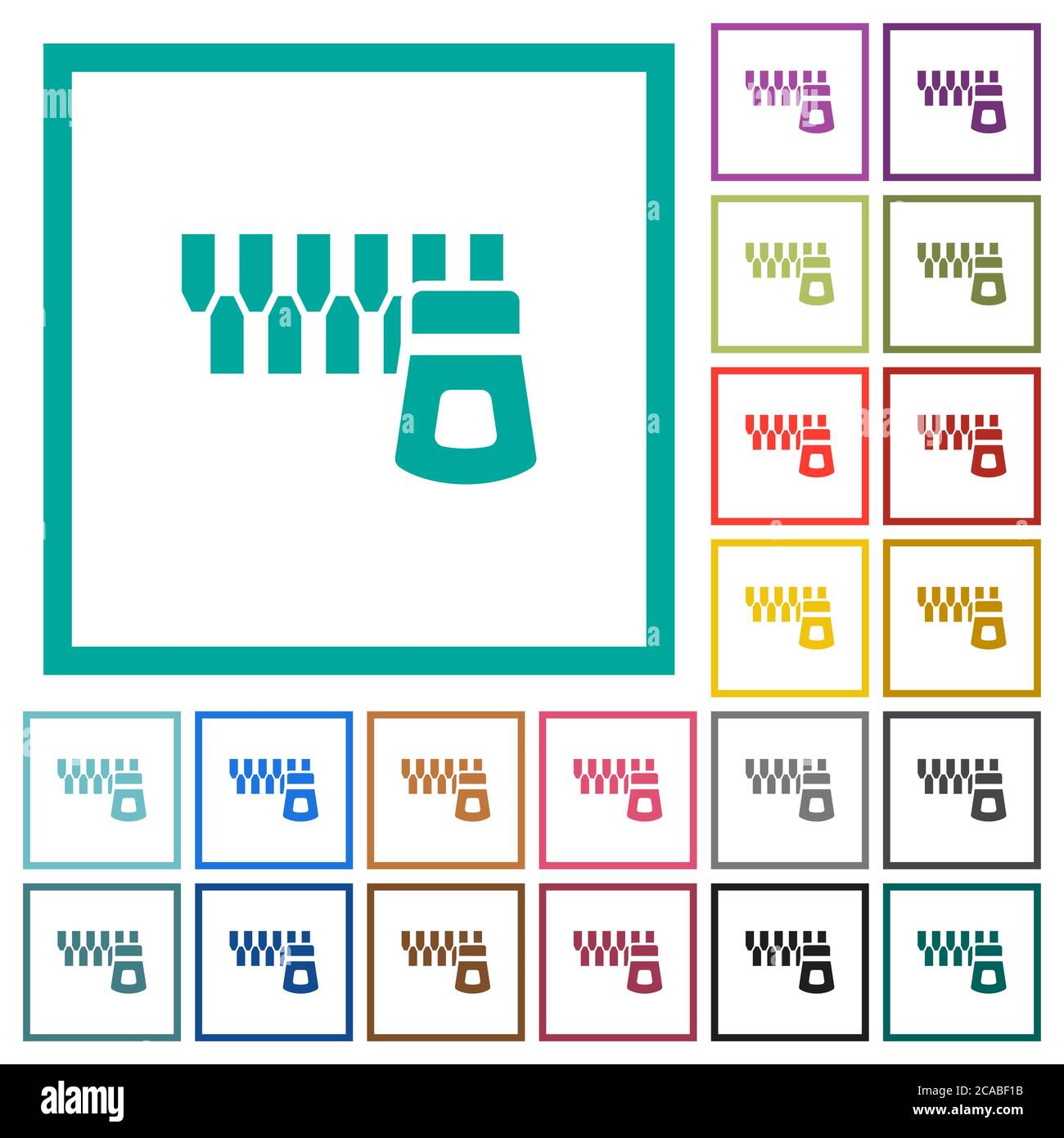 Horizontal zipper flat color icons with quadrant frames on white ...