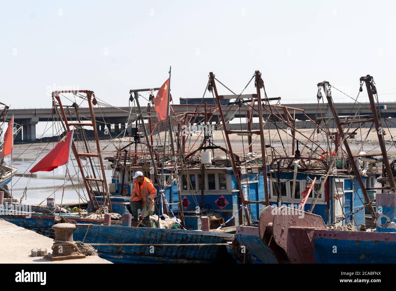 Fishing boats rest in the harbor. Tianjin is one of major fishing ports ...