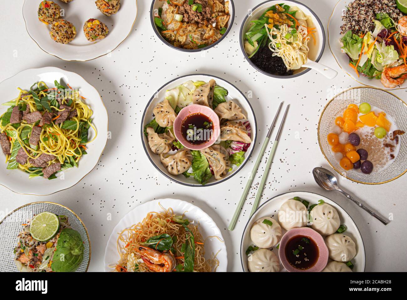 Top view of the traditional delicious Asian food dishes served on the ...