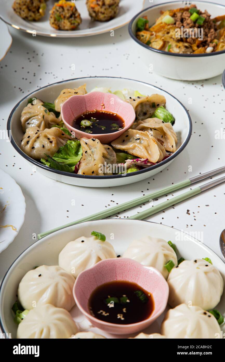 Top view of the traditional delicious Asian food dishes served on the ...