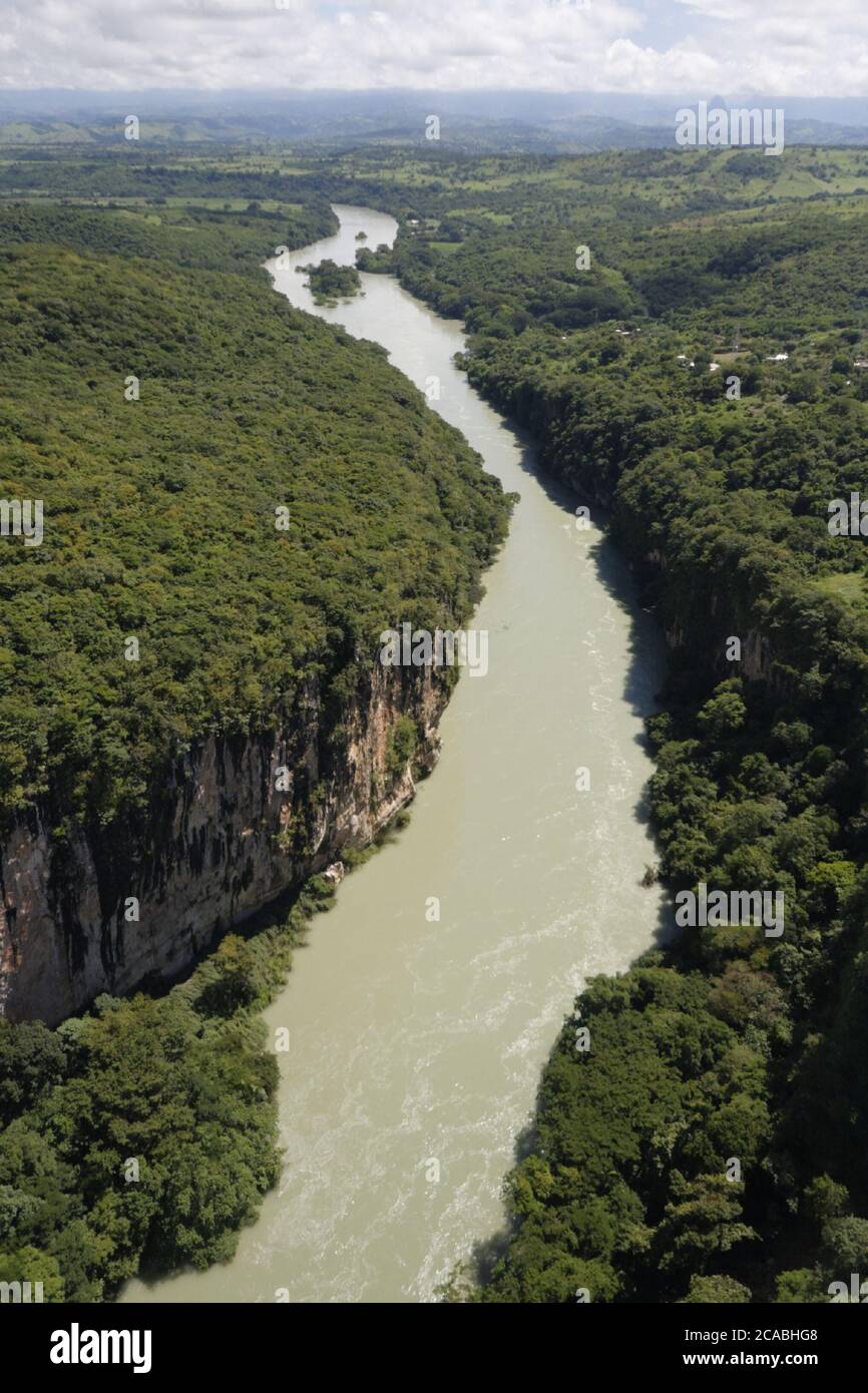 Aerial view of the Usumacinta river surrounded by jungles in Mexico and ...
