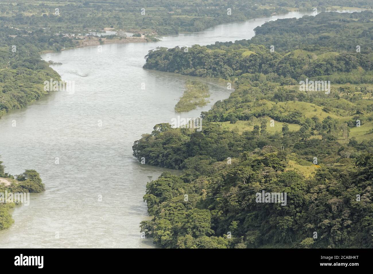 Aerial view of the Usumacinta river surrounded by jungles in Mexico and ...