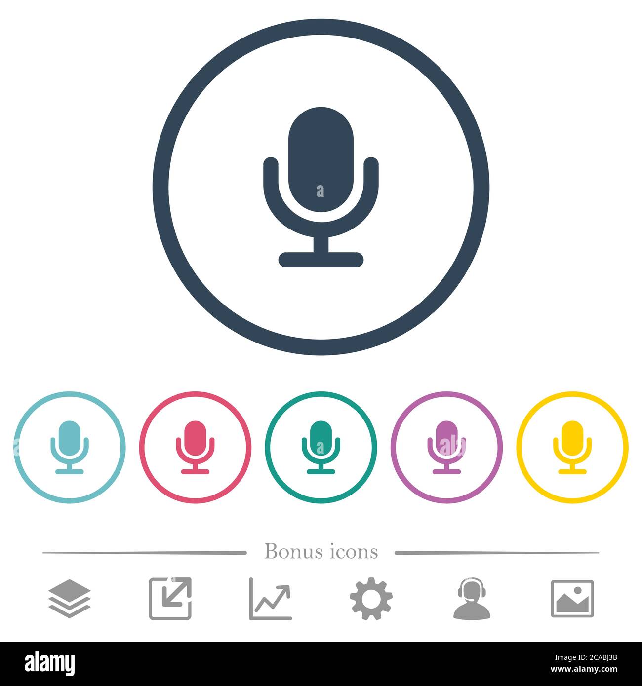 Single microphone flat color icons in round outlines. 6 bonus icons ...