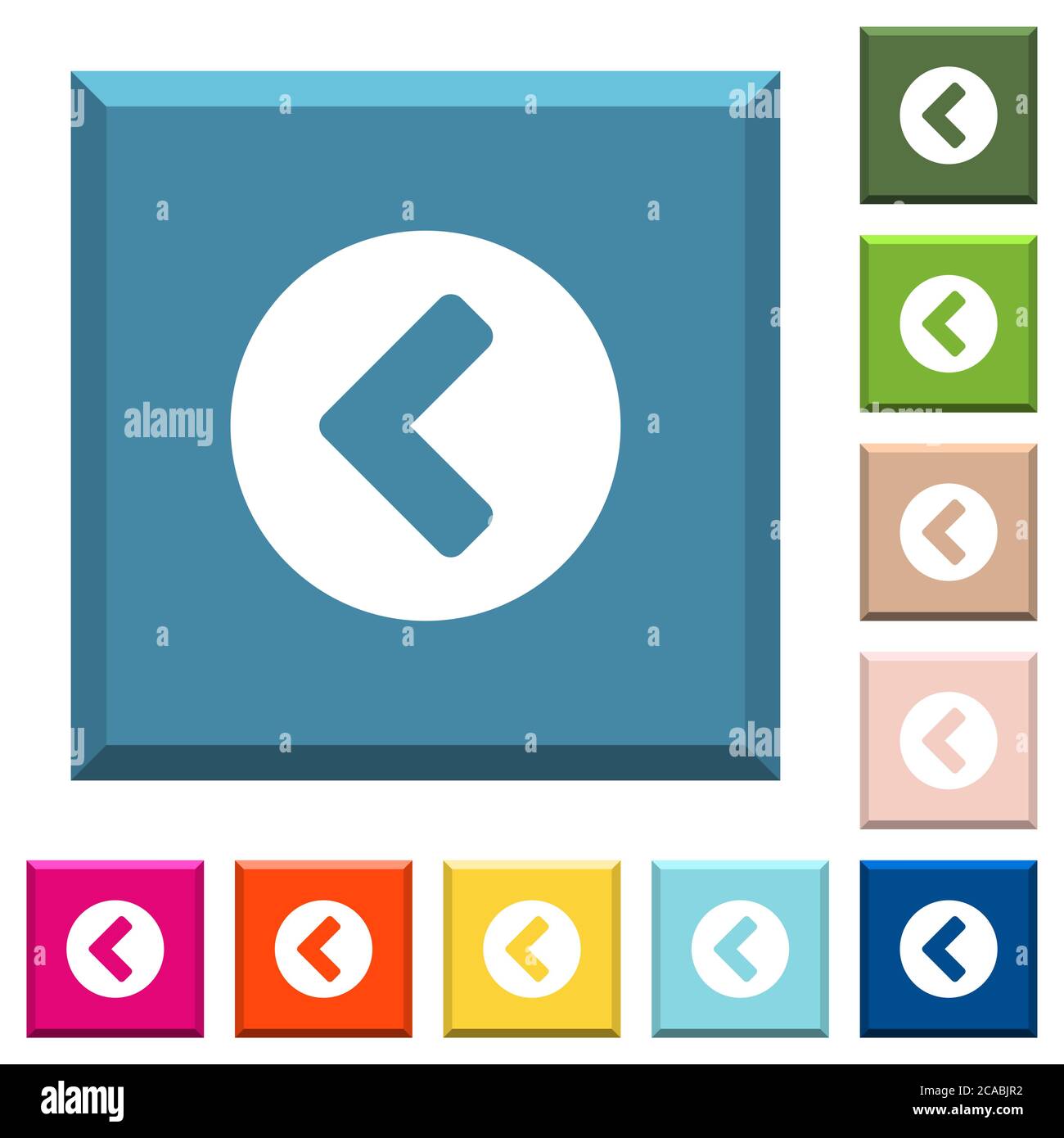 Chevron left white icons on edged square buttons in various trendy ...