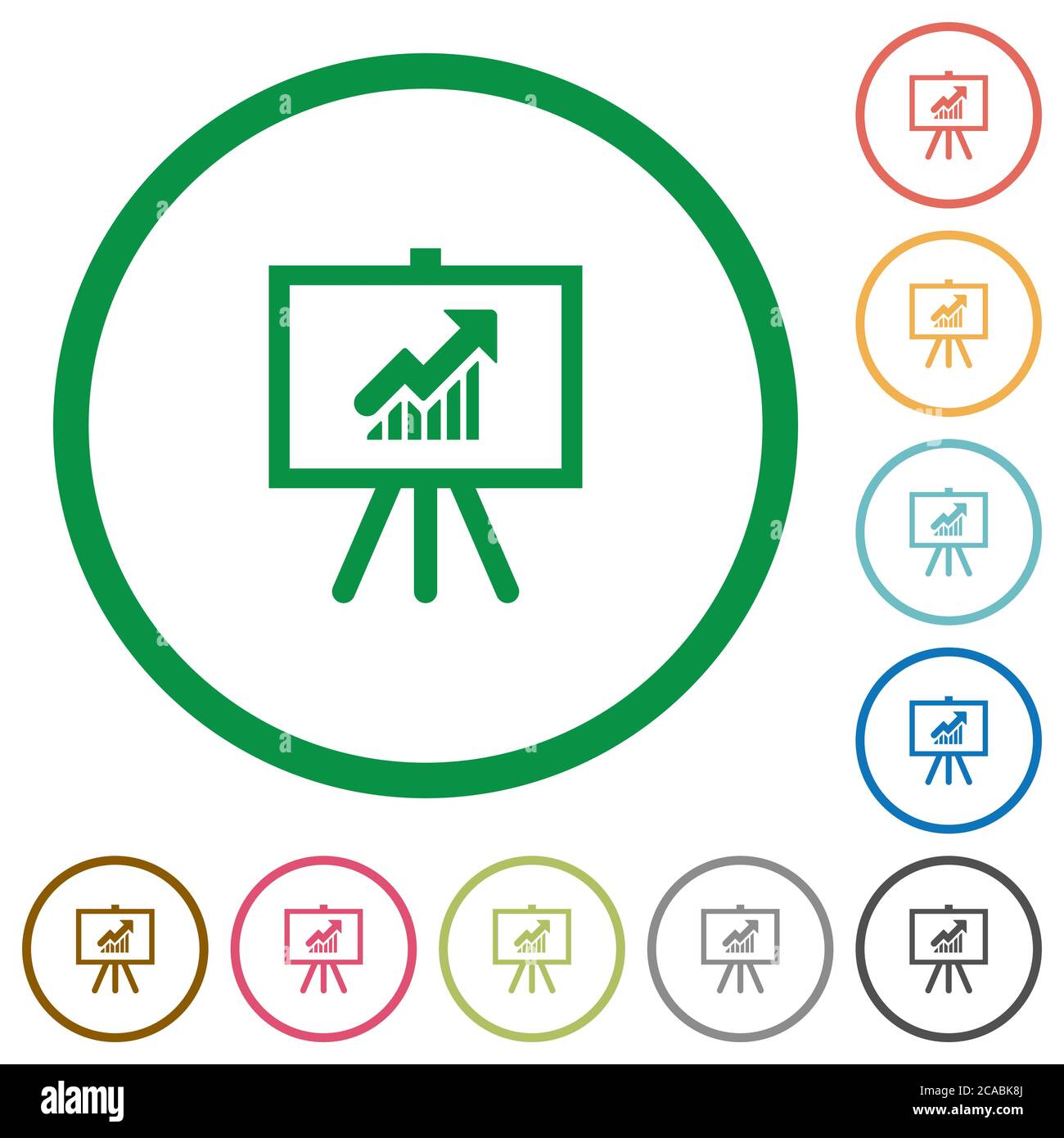 Presentation table with rising graph flat color icons in round outlines ...