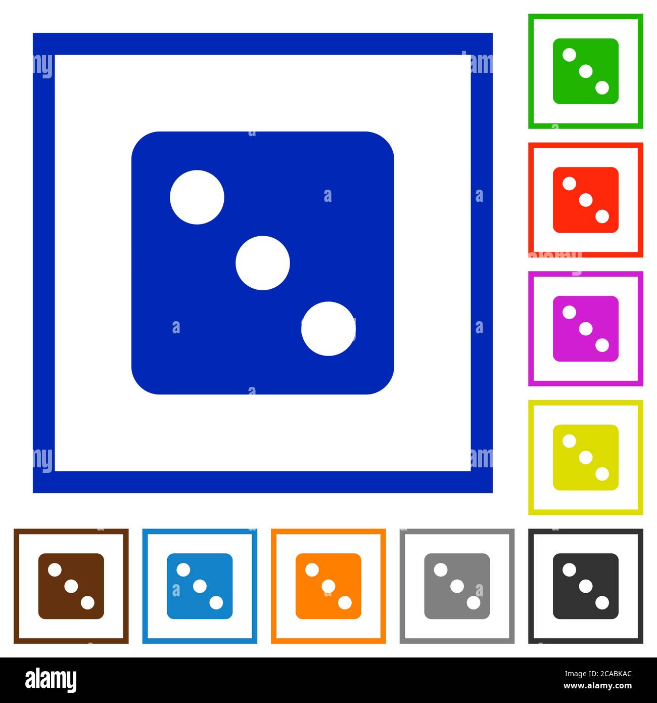 Dice three flat color icons in square frames on white background Stock ...