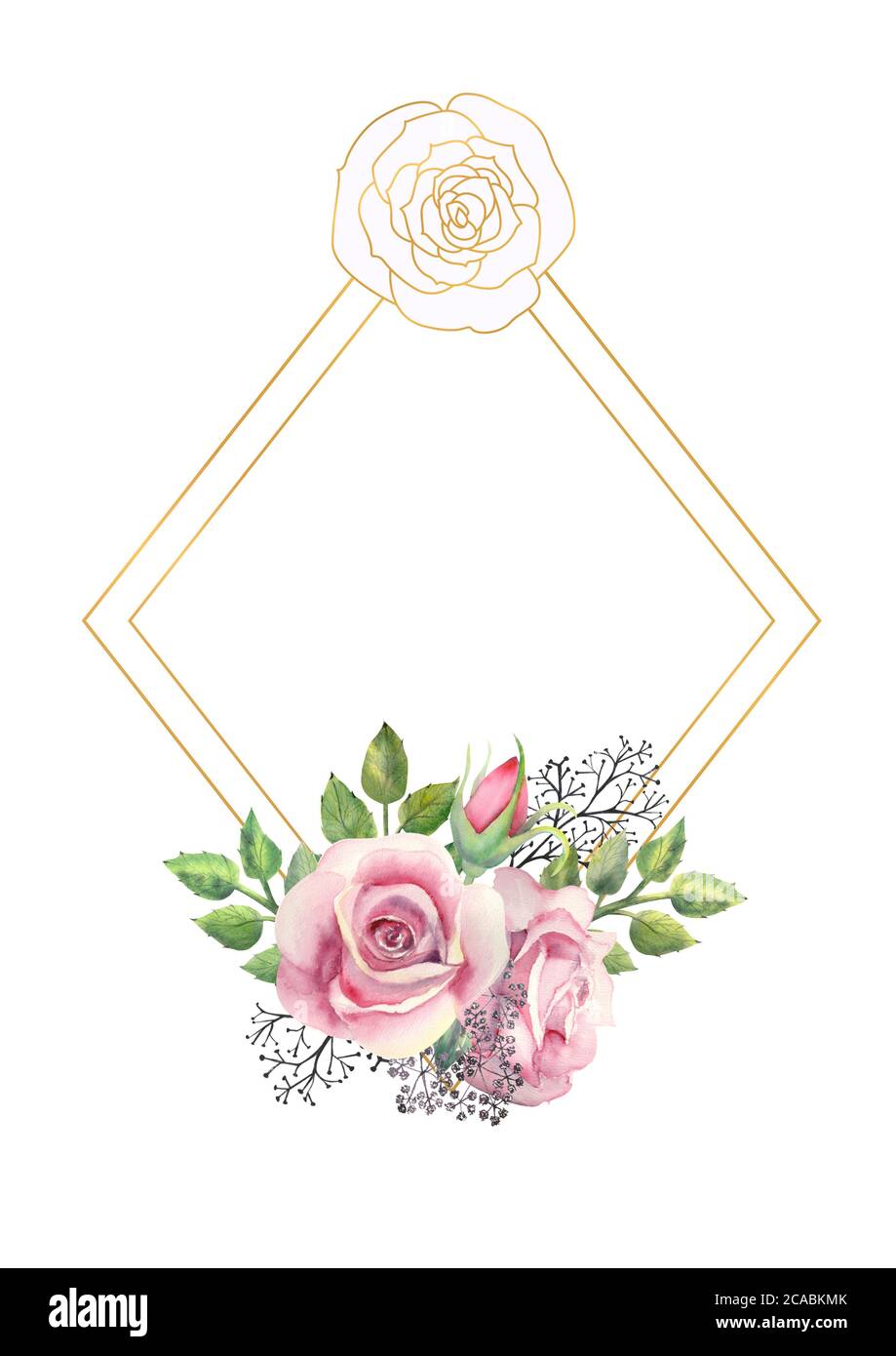 Pink rose flowers, green leaves, berries in a gold geometric frame ...