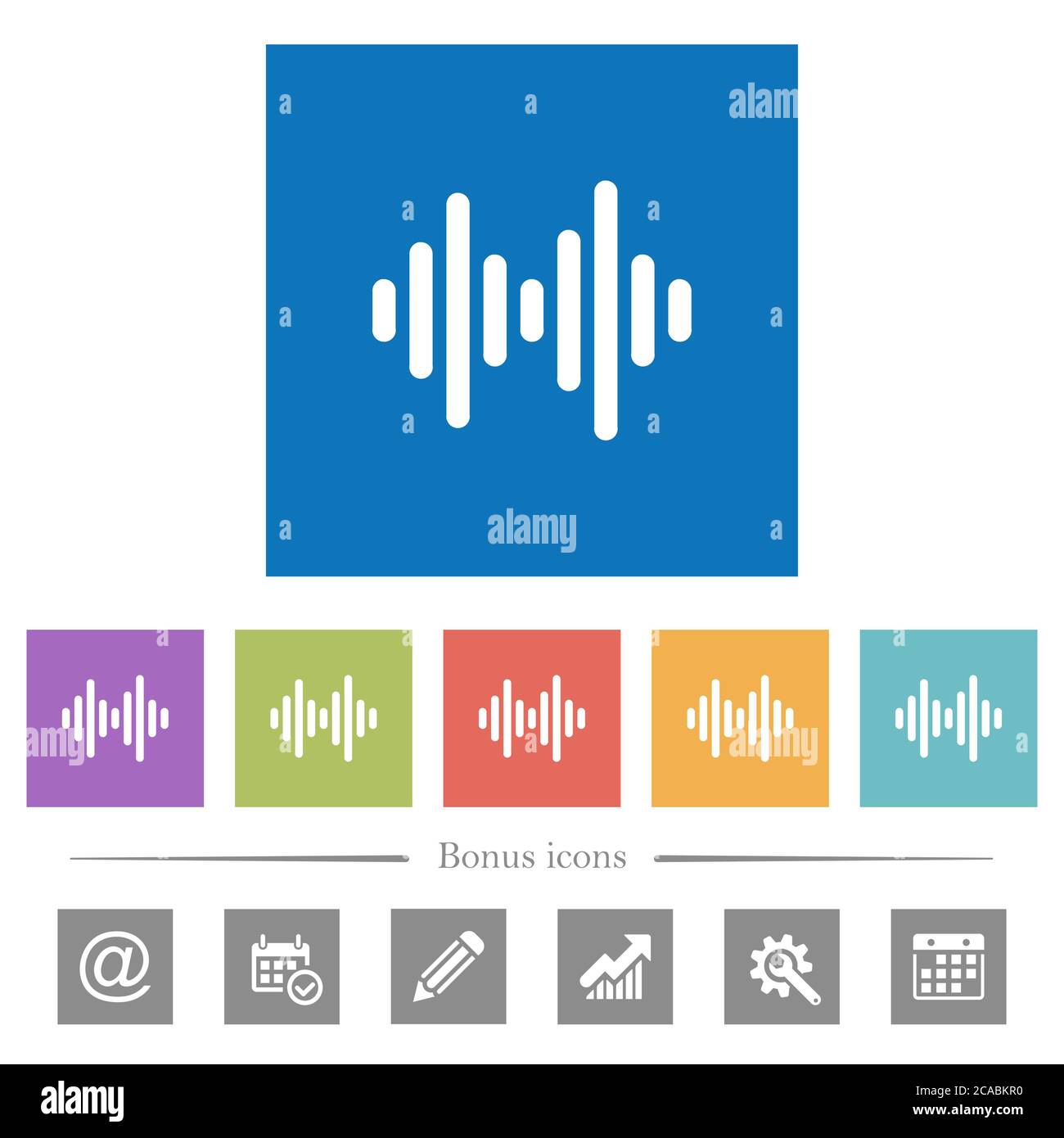 Sound wave flat white icons in square backgrounds. 6 bonus icons ...
