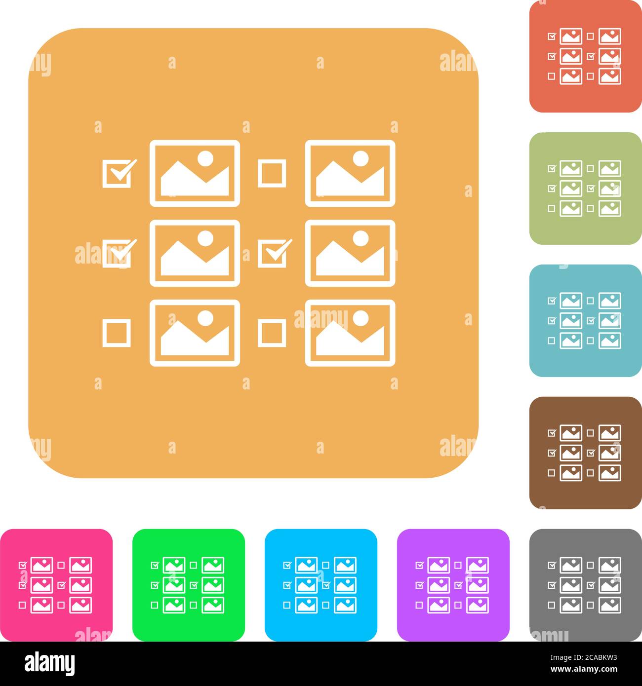 Multiple image selection with checkboxes flat icons on rounded square vivid color backgrounds ...