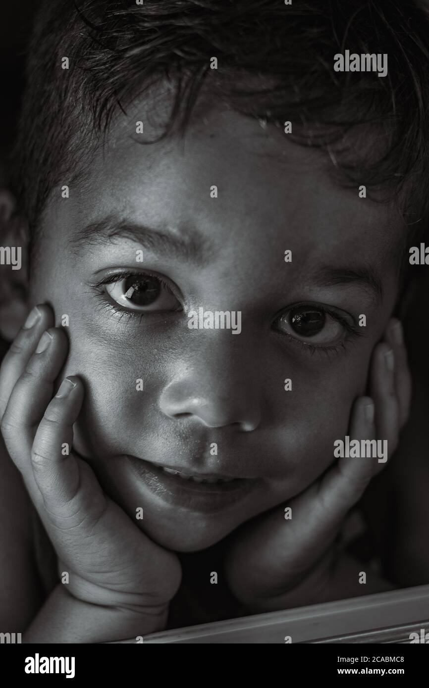 Grayscale closeup shot of a baby boy Stock Photo - Alamy