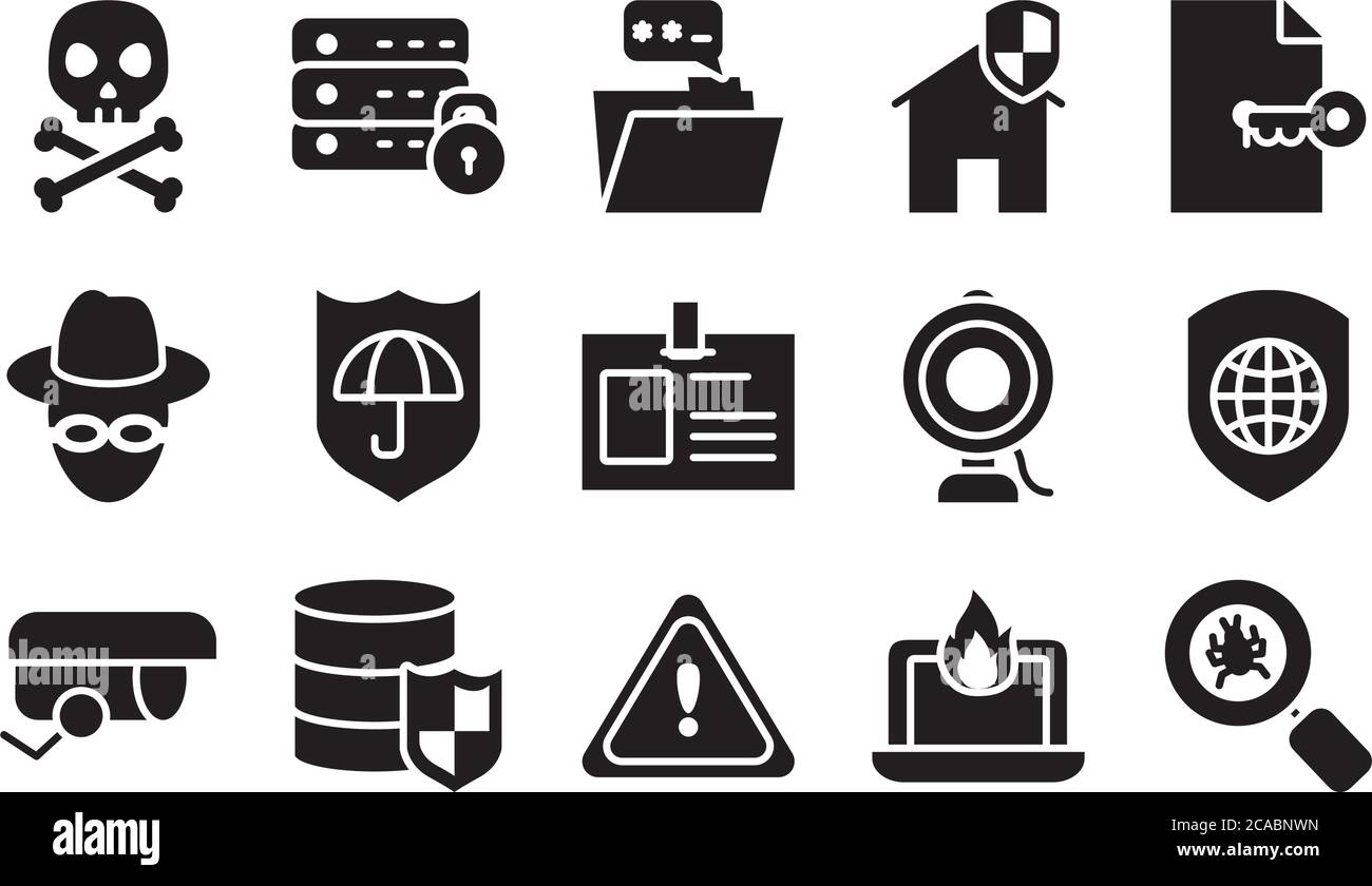 icon set of hacker and cyber security over white background, silhouette ...