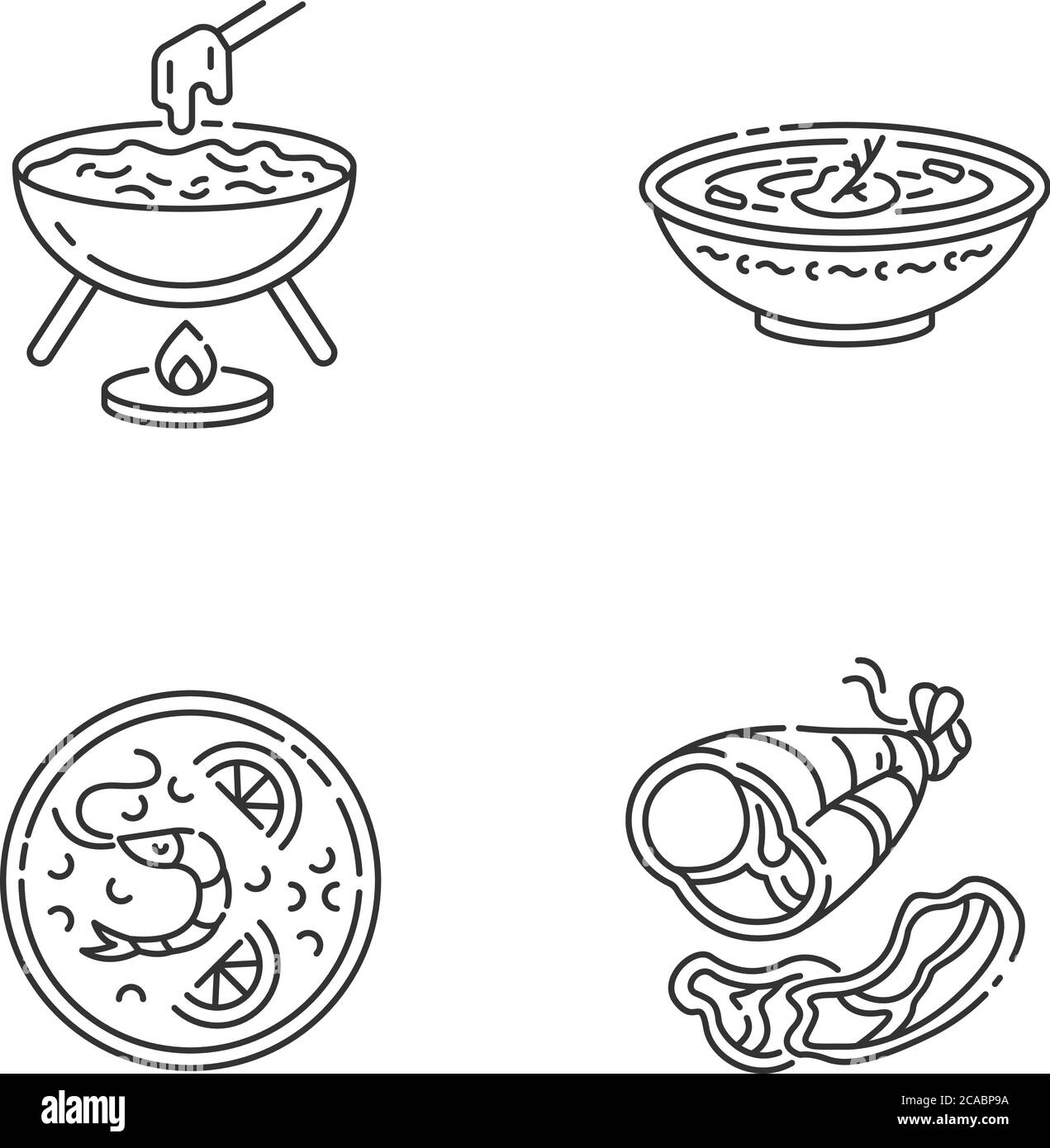 Traditional food pixel perfect linear icons set. Cheese fondu ...