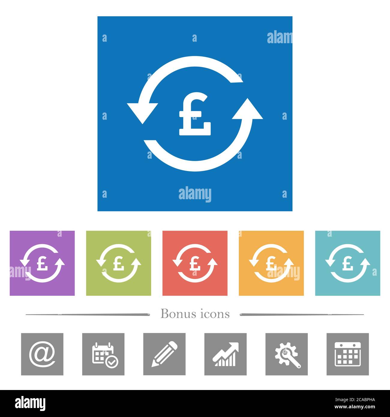 Pound pay back flat white icons in square backgrounds. 6 bonus icons ...
